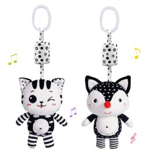 cute hanging stroller car seat toys for baby, c clip hanging animal soft toys with rattles bb squeaker distorting mirror for boys girls 0-36 months (black-white)