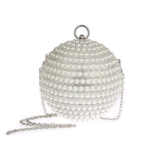 umren women crystal round ball evening bag artificial pearl beaded clutch handbag ring handle purse for wedding party silver