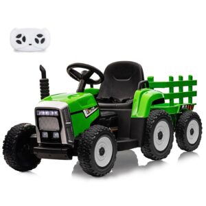 nasitip 12v battery powered electric tractor with trailer, toddler ride on car w/remote control/7-led headlights/2+1 gear shift/mp3 player/usb port for kids 3-6 years (green, 25w/tread tire)