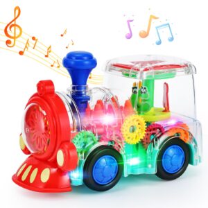 light up train toys,fun electric transparent gear sensory toy for kids with colorful light music and moving gears,tummy time crawling baby toys for boys girls