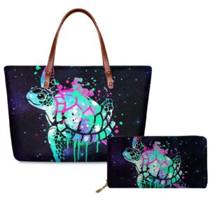 wellflyhom tie dye sea turtle purse with matching wallet cute womens summer purses and handbags ladies hand bags casual shopping beach work top handle bag medium