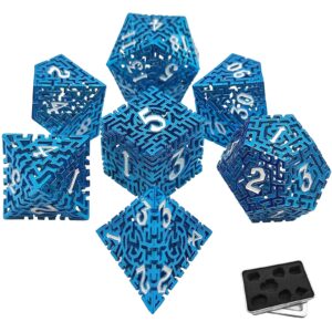 dnd polyhedral hollow metal dice set rpg maze design d&d dungeons and dragons d and d mtg weighted pathfinder board game d4 d6 d8 d10 d% d12 d20 (with free metal storage box) dice-blue