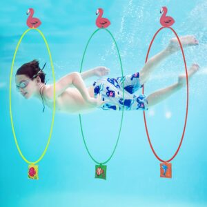 15pcs pool toys games set-5 diving through swim rings + 5 flamingo buoys + 5 sand bags for kids 3,4,5,6,7,8,9,10,11,12 adults-swimming thru pool hoop accessories water sport gifts (assembly needed)