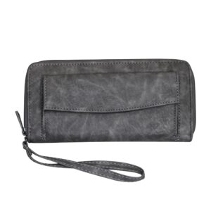 ladies pu vegan leather clutch long wallet, zipper around wristlet phone purse card holder organizer, grey (a21001w)