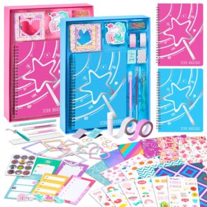 vigorfun 2 pack diy journal kit for girls ages 8-12, gifts for teen girls - share scrapbook & diary supplies set with friends, journaling art and crafts kit (purple+blue)