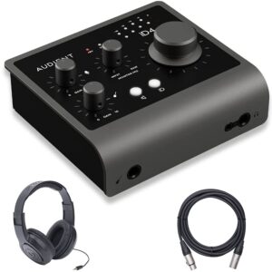 audient id4 mkii usb-c audio interface with over-ear stereo headphones and xlr mic cable