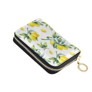 yellow lemon with green leaves seamless on white grey credit card coin wallet, rfid blocking compact women leather card holder, key change organizer, zipper purse clutch pouch pocket