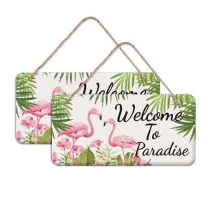 superdant 2pcs wood door hanging sign plaque welcome to paradise flamingo hanging decorative wood welcome sign for home front door decoration farmhouse porch garden yard 30x15cm