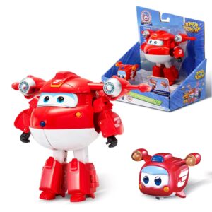 super wings - 5" transforming 2-pack supercharged jett & super pet jett airplane toys | new from season 5 | airplane to robot | preschool birthday gifts for 3 4 5 year old kids | with light effect