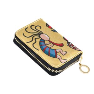 native american kokopelli grey credit card coin wallet, rfid blocking compact women leather card holder, key change organizer, zipper purse clutch pouch pocket