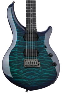 sterling by music man 6 string solid-body electric guitar, right, cerulean paradise (maj200xqm-cpd)