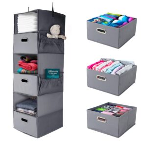 closet organizer hanging shelves, 6 shelf closet storage with 5 storage drawers & purpose made pockets, jewelry shoe organizer drawer organizers, perfect for organization and storage (dark grey)