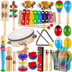 looikoos toddler musical instruments,wooden percussion instruments toy for kids baby preschool educational musical toys set for boys and girls with storage bag