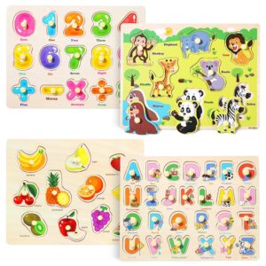 grinnnie wooden peg puzzle for toddlers 2 3 4 years old, 4 pcs montessori educational learning puzzles set-numbers, letters, animals and fruits, great preschool gifts for girls and boys