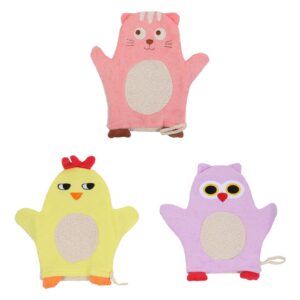 uonlytech natural loofah sponge 3pcs skin- friendly kids bath mitts lovely animal shower gloves soft terry cloth bath puppet baby washcloths shower loofah sponge for kids mens body scrubber