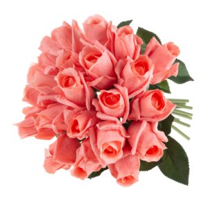 pure garden artificial rose bud bundles – 24pc real touch fake 11.5-inch flowers with stems for home décor, wedding, or bridal/baby showers (coral)