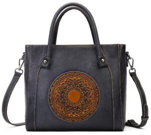 genuine leather handbag for women,retro embossing mandala design purse organizer vintage handmade crossbody (3299 brown) 11 * 5.1 * 10.2 inches