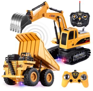 joyin 2 pcs remote control construction vehicle toy set, friction-powered rc excavator & rc dump truck with lights and sounds for imaginative play, birthday gifts for toddlers boys girls