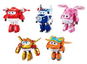 super wings 5" transforming toys 5-pack, supercharged jett, supercharged paul, supercharged dizzy, golden boy & sunny airplane toys action figures, preschool toy plane for 3 4 5 year old kids