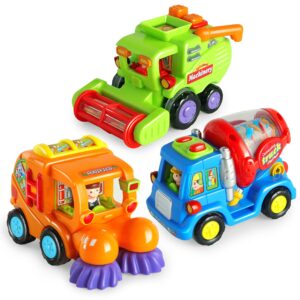 coogam friction powered cars 3 pack construction vehicles toys set of harvester,sweeper,cement mixer trucks for year old kids gifts