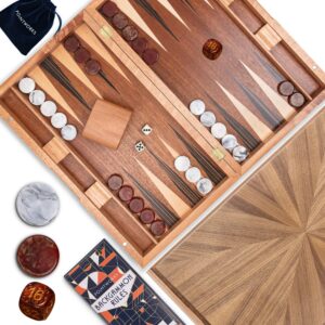 pointworks 17 inch backgammon sets for adults. beautiful wood inlaid backgammon board game set with unique checkers & dice. large travel backgammon set for adults, backgammon game for 2 players