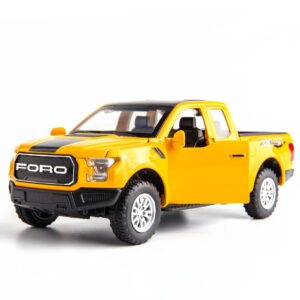 bdtctk compatible for 1:32 ford raptor f150 pickup truck car model, diecast pull back car toy car with sound and light for kids boy girl, metal body, yellow