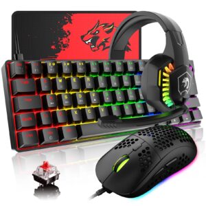 mechanical gaming keyboard and mouse mini wired combo with rgb headset rainbow backlight ergonomic 62key anti-ghosting adjustable mic 6400dpi mice usb-c for pc gamer computer typist(black/red switch)