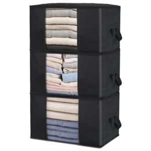 berves storage bag 90l 3 pack, large capacity foldable closet with reinforced handle and sturdy zipper , clear window, thick fabric organizers for blankets, clothes, bedding (black)