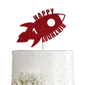 red rocket 1st birthday cake topper, glitter boy girl space 1 year birthday party decoration