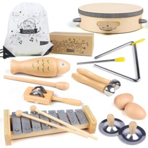 chriffer kids musical instruments toys, percussion instruments set with xylophone, preschool educational music toys for boys girls, natural eco-friendly wooden music set (8)