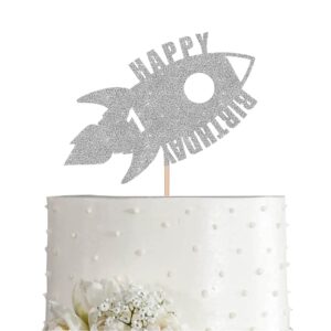 silver rocket 1st birthday cake topper, glitter boy girl space 1 year birthday party decoration