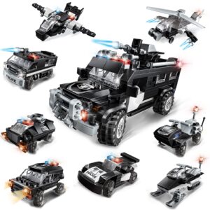 inratell city police swat building block set - 8 + 1 black armored swat vehicles with cop cars, helicopter, motorbike, best roleplay stem toy best gift for boys kids age 6-12