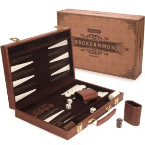 amerous backgammon set, 15'' folding classic board game with leather case, gift package, instruction, portable travel strategy backgammon game set for adults, kids