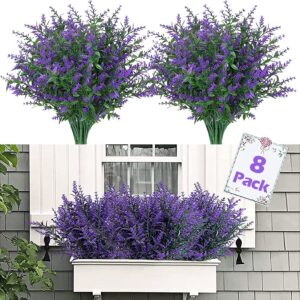 8 bundles outdoor artificial lavender fake flowers uv resistant plastic plant, no fade faux flower plastic greenery shrubs plants for indoor outside porch home garden window box decorating