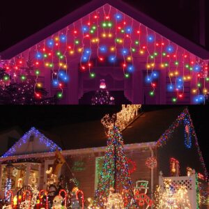 32.8ft 400 led icicle string lights, 8 modes waterproof icicle christmas lights outdoor with memory function, curtain fairy lights hanging decor for home, party, wedding, christmas (multicolor)