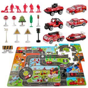 fire truck toy set,6 pack die-cast fire engine model car toys,6 pack firefighter,mini alloy metal pull back car toy with large jigsaw fire rescue play mat for kids boys girls toddler