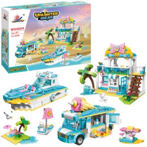 friends vacation tour building kit featuring beach house, city ice-cream truck, yacht and animal toys, creative building blocks roleplay christmas birthday gifts for kids girls aged 6-12 (948 pieces)