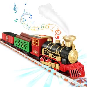 ouriky train set - electric steam train set toy for kids with smokes, lights & sounds, railway kits, cargo car & tracks, christmas train sets under the tree gift for boys girls