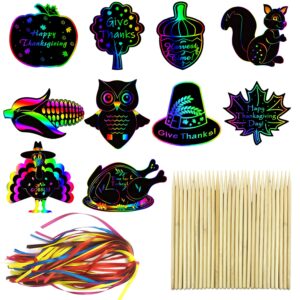 60pcs thanksgiving rainbow scratch art, fall paper crafts for kids, thanksgiving day pumpkin maple turkey hanging ornament decorations, art craft supplies for home tree classroom decor