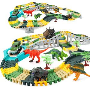 epochair dinosaur toys, 192pcs create a dinosaur world road race, flexible track playset and 2 pcs cool dinosaur cars, 3pcs dinosaurs for 3 4 5 6 7 8 year old boys girls kids best birthday gifts