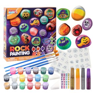 klever kits 12 halloween rock painting kit for kids, creativity arts crafts diy supplies kit with 18 paint tubs, decorate your own for kids painting gifts, family activity, birthday present, halloween