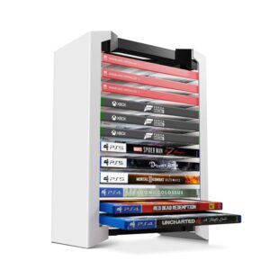 tnp universal video game storage tower for ps5, ps4, ps3, nintendo switch, xbox one, xbox series s/x - white video game holder organizer stand with 12 cd case storage for organizing & displaying