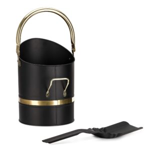 navaris fireplace ash bucket - black metal bucket with handle and shovel for fire ash charcoal and coal - home wood burner pit fireplace accessories