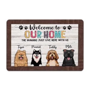 hhld welcome to our home, personalized dogs doormat, dog rug, dog decor for dog lovers, dogs outdoor garden decor, decor indooroutdoor area rug, home decor, vintage doormats