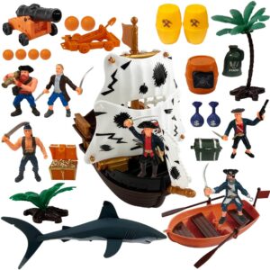 artcreativity pirate action figure playset, pirate play set with action figurines, storage box, pirate ship toy, boat, shark, treasure chests, & more, pirate party decorations, cake toppers, & gifts