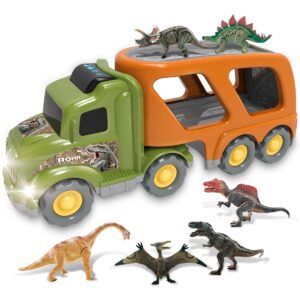 gongdao dinosaur truck toy-toy truck & 6 dinosaur toys, toys for 3 4 5 6 7 year old boys and girls kids toddlers, toy vehicle with sound & light, friction powered, ideal gifts