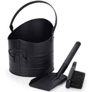 coal and ash bucket with shovel and hand broom, 2-gallon portable pail metal bucket pellet carrier, wood pellet storage container, tool set accessories for fireplace, fire pit, wood burning stove