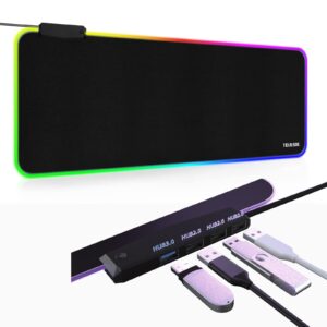 rgb large gaming mouse pad with 4port usb hub and 13lighting modes, computer keyboard mouse pad, oversize anti-slip rubber base mouse mat for computer pc games (31.5 x 11.81 in black,0.15in thick)