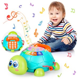 kramow musical turtle toy, early educational developmental toys, baby learning toy w/lights & sounds, pretend phone call,crawling baby toy