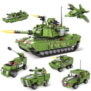 city war military tank building blocks set, 6-in-1 army armored force construction kit with vehicles, airplane, boat, creative roleplay stem toy gift for kids, boys girls ages 6+ (952 pieces)